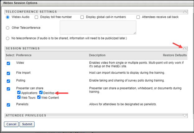 How do you enable the "Desktop Share" functionality in WebEx session ...